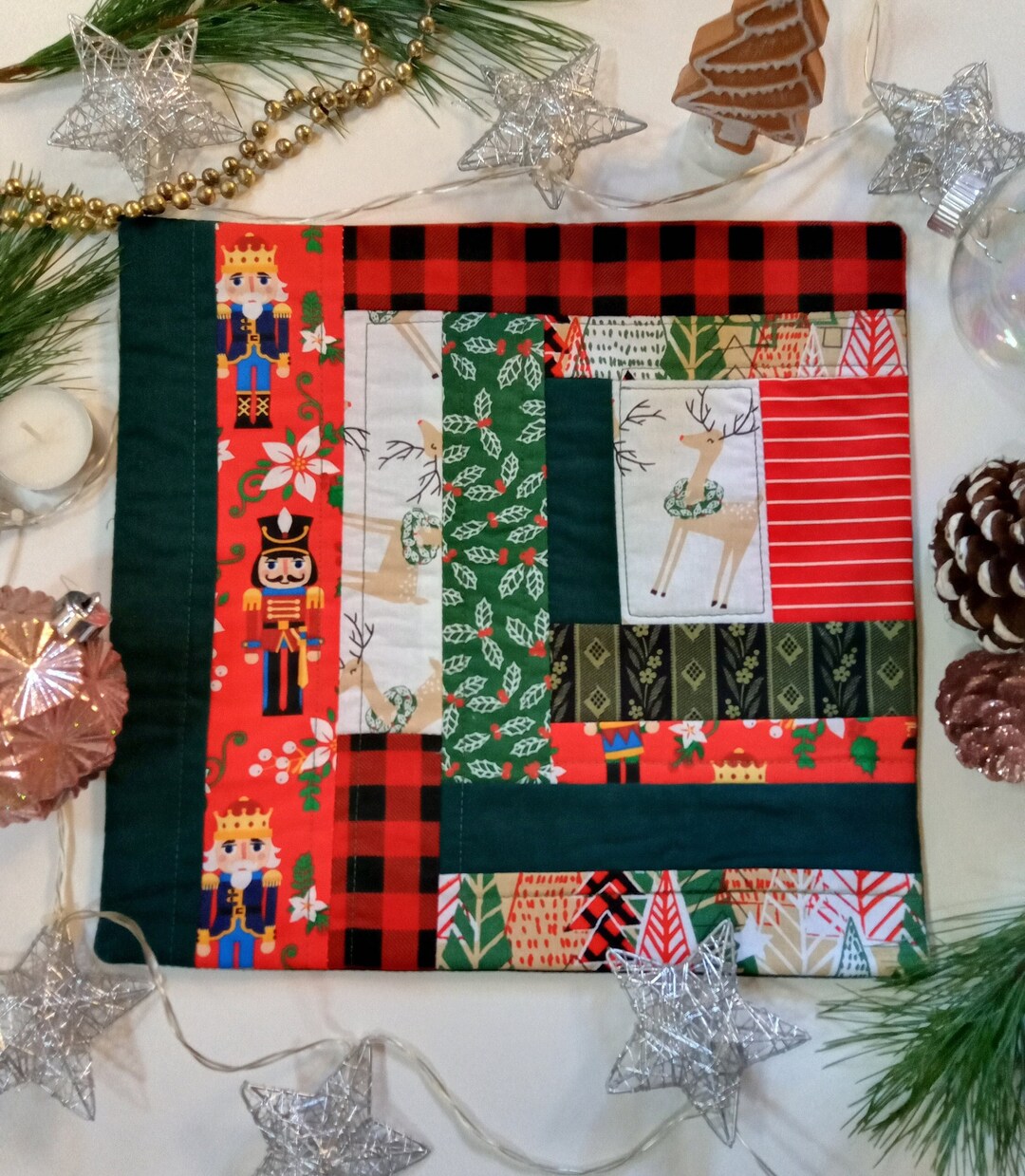 Quilted Mug Rug, Patchwork Centerpiece, Candle Mat, Festive, Christmas ...