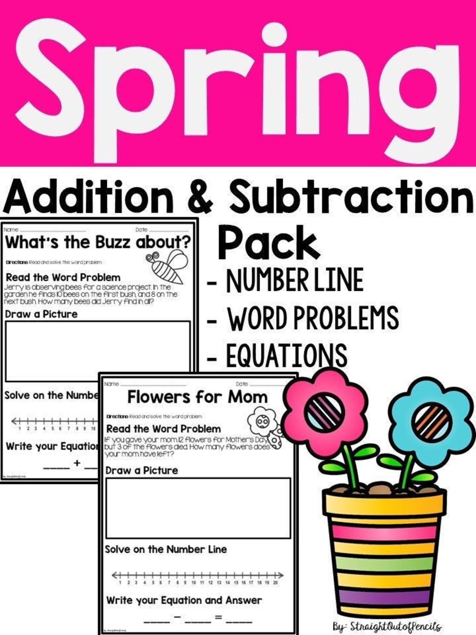 Spring Addition and Subtraction Number Line & Equation Practice - Etsy