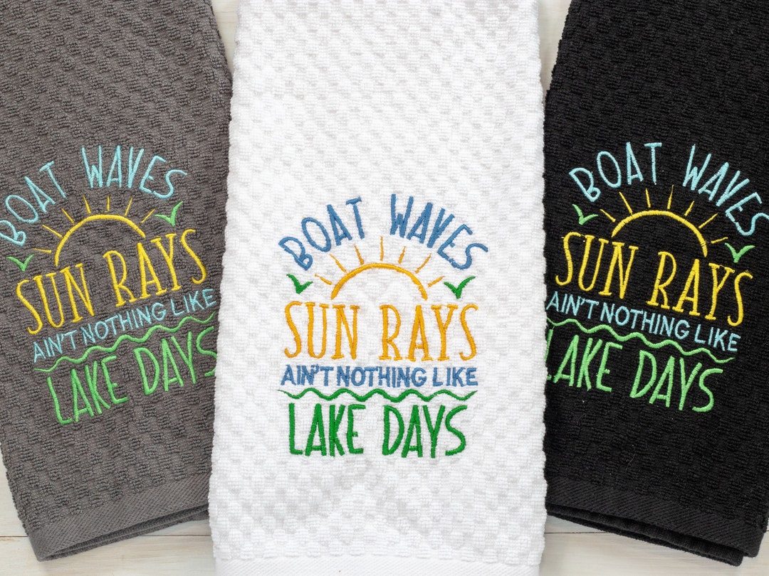 Embroidered Lake Days Dish Towel: Boat Waves, Sun Rays Cotton Waffle ...