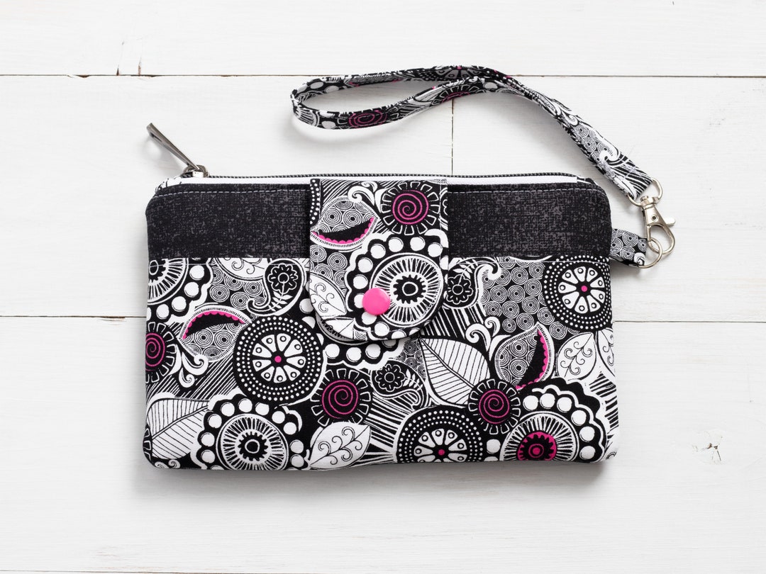 Black and White Wristlet Wallet, Zippered Phone Holder, Padded Phone ...