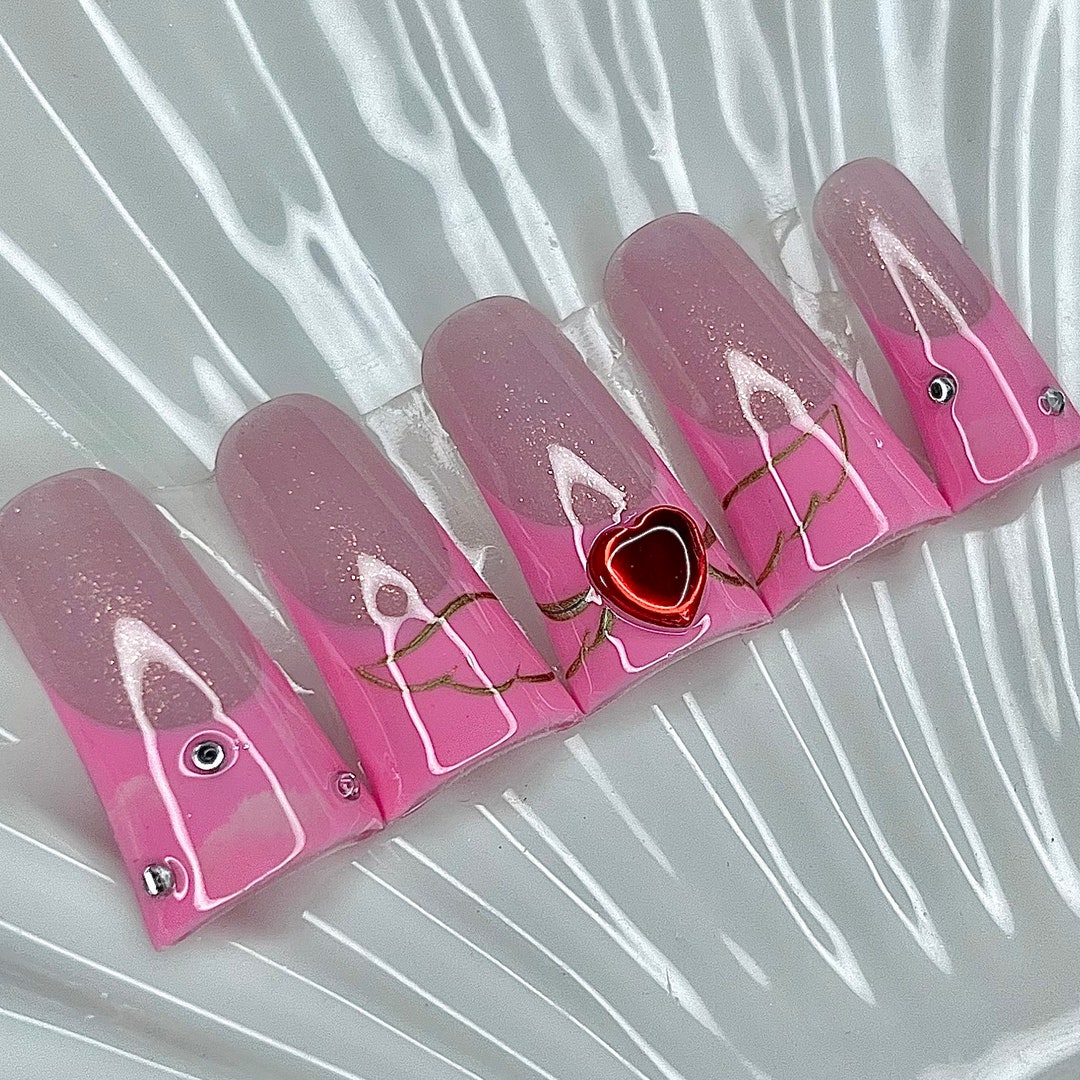 ANGEL HEART Winged Heart Duck Nails French Tips Pink French Tip Nails ...