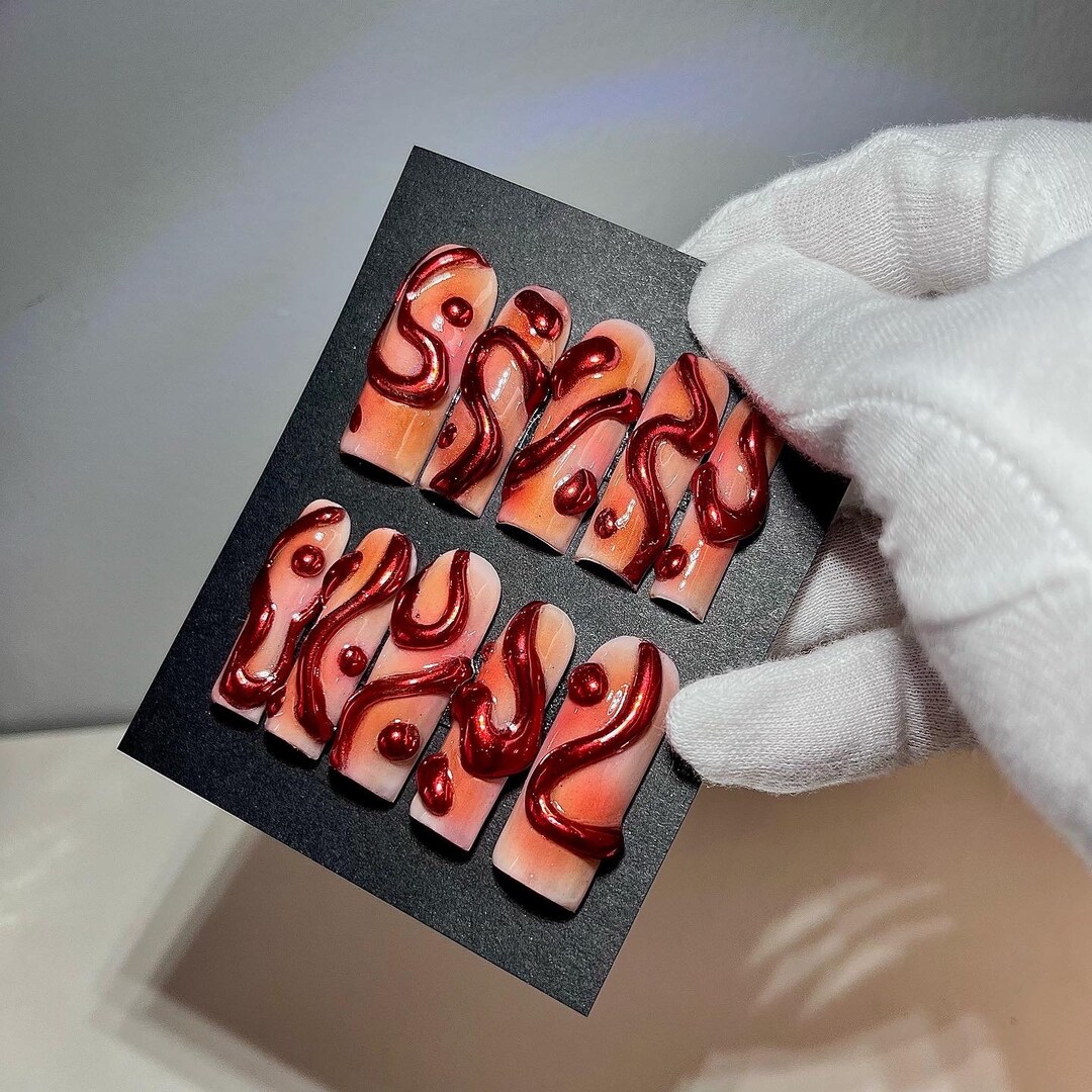 CHROME LAVA | Red Chrome 3D Art | Squiggle Nails | 3D Nails | Chrome ...