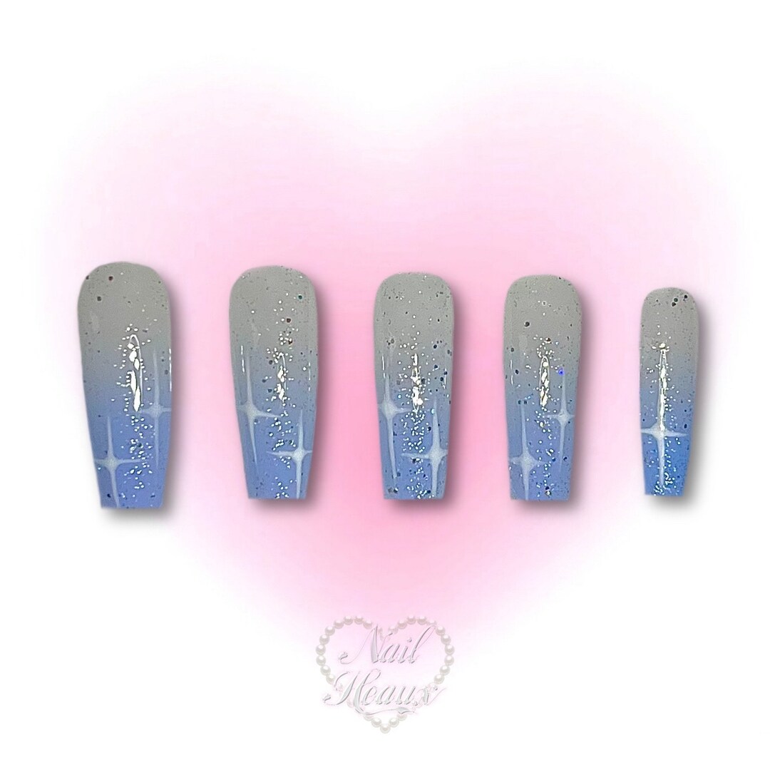 FROZEN PRINCESS Baby Blue Ombre French Tips W/ Glitter + Stars ...