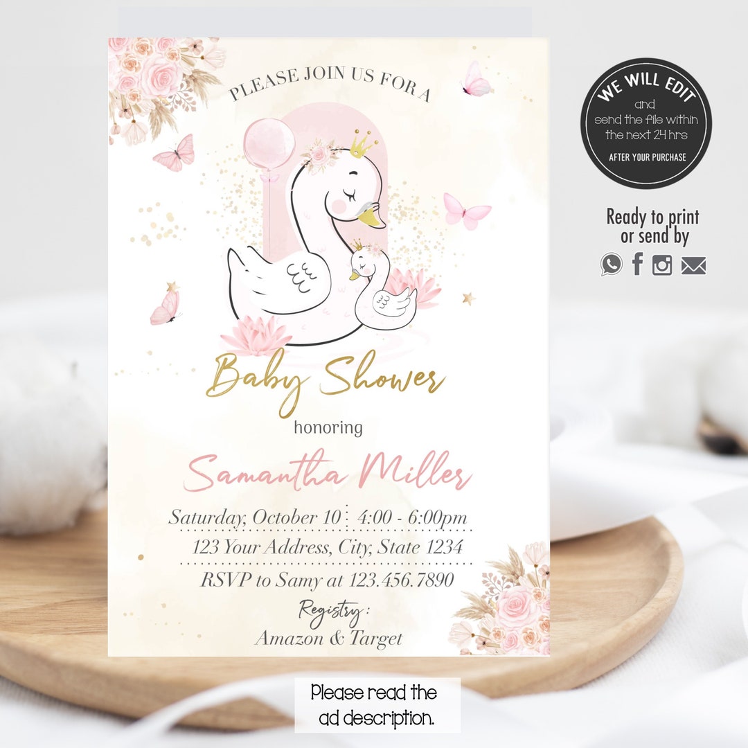 Swan Invitation, Swan Baby Shower Invitation, Swan Princess, Swan Party ...