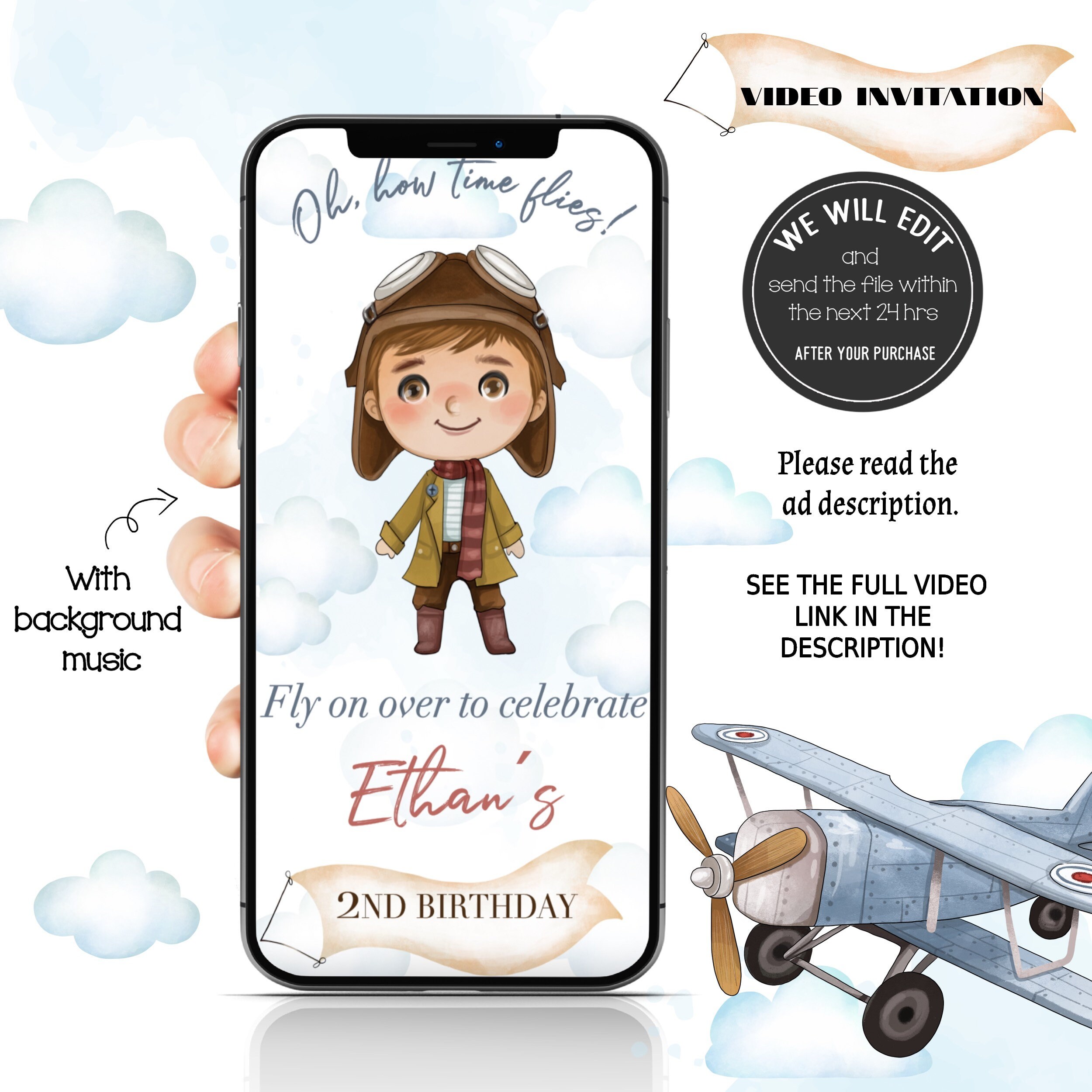 Airplane Birthday Invitation, Airplane Video Invitation, Airplane Party ...