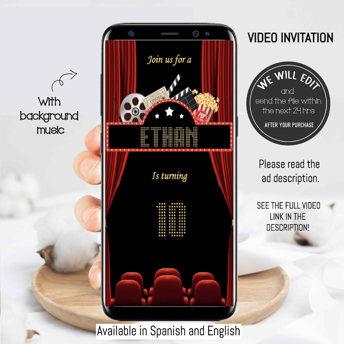 CINEMA Video Invitation, MOVIE Theme Party. Movie Night Birthday ...