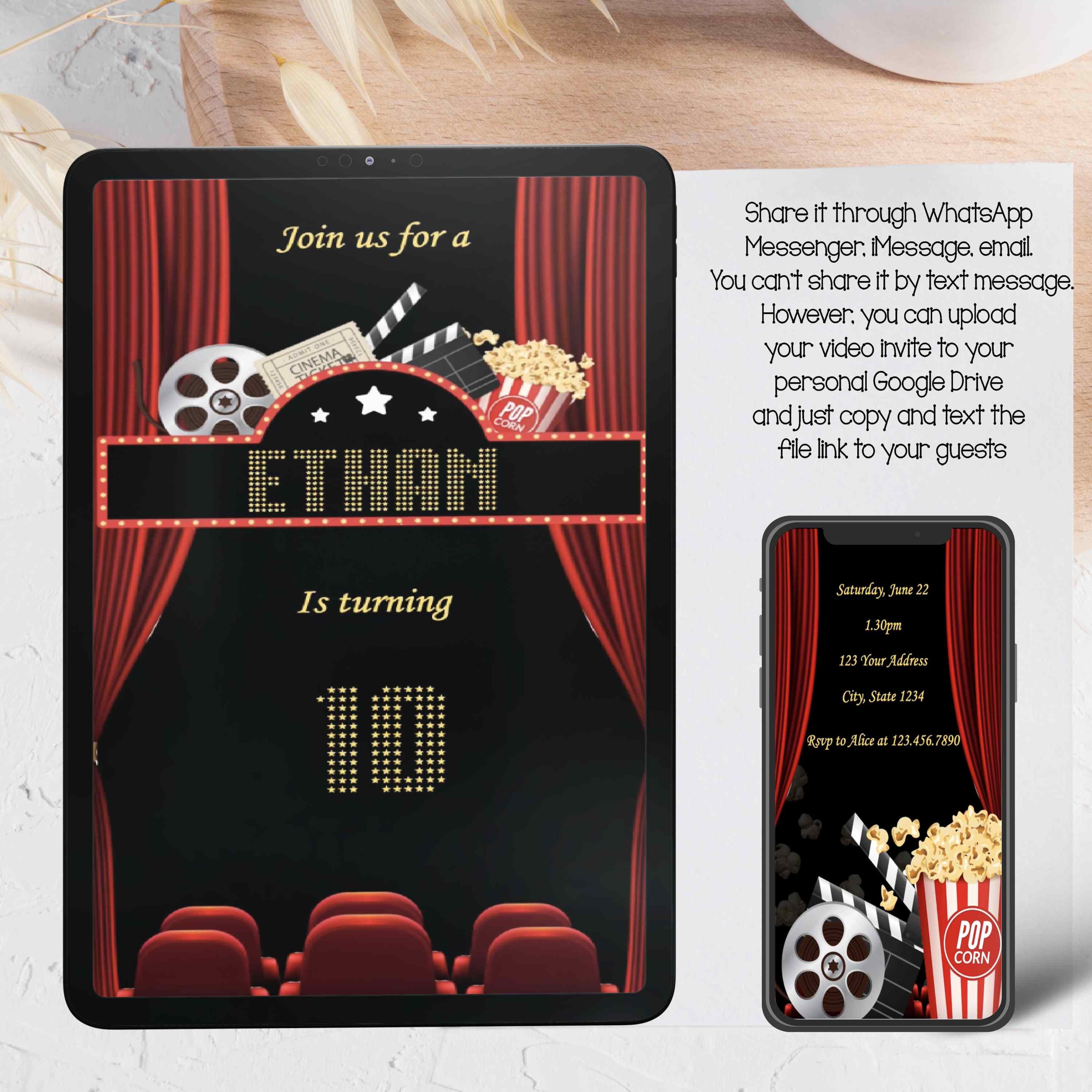 CINEMA Video Invitation, MOVIE Theme Party. Movie Night Birthday ...