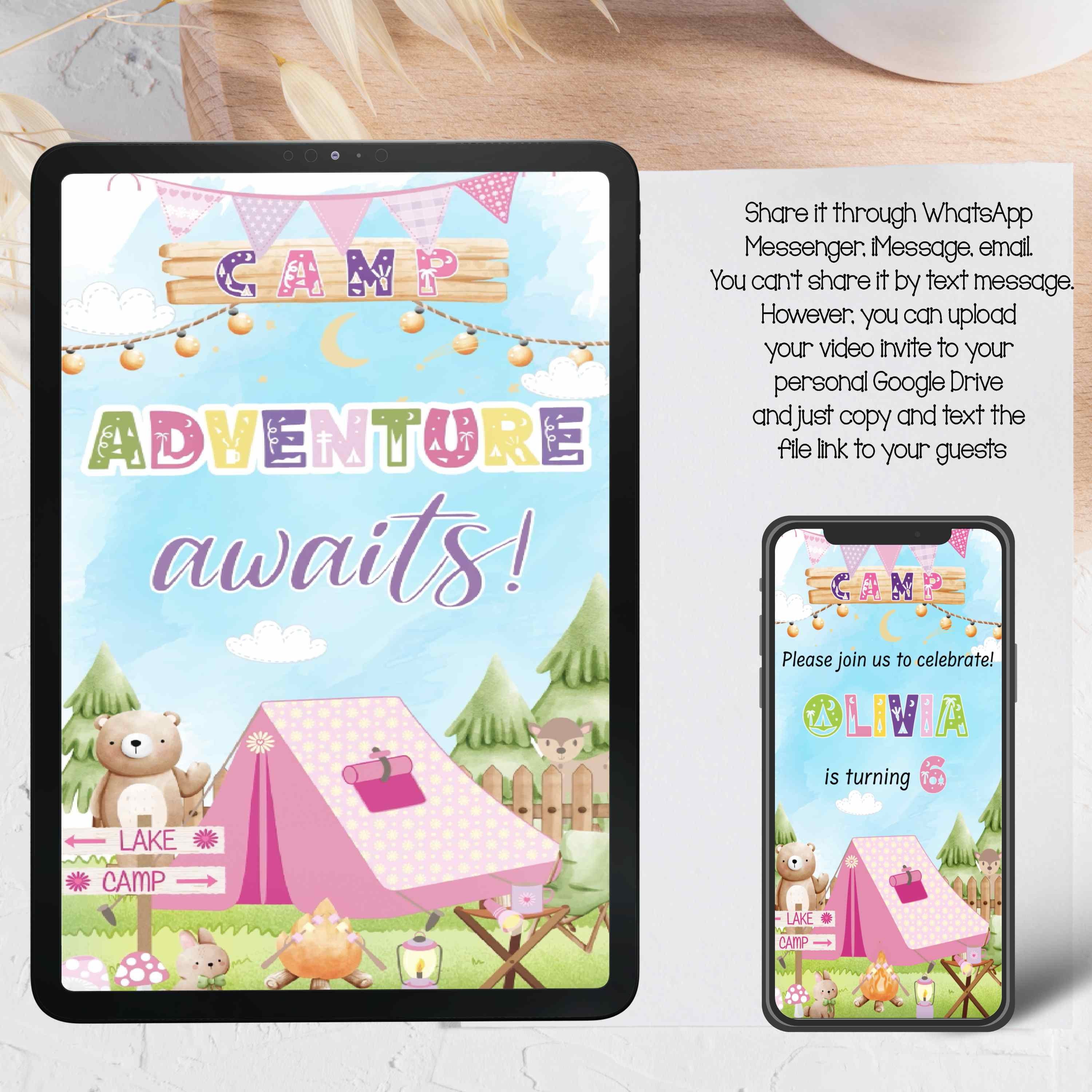 Camping Invitation, Video Invitation, Girl Camping Birthday, Camping ...