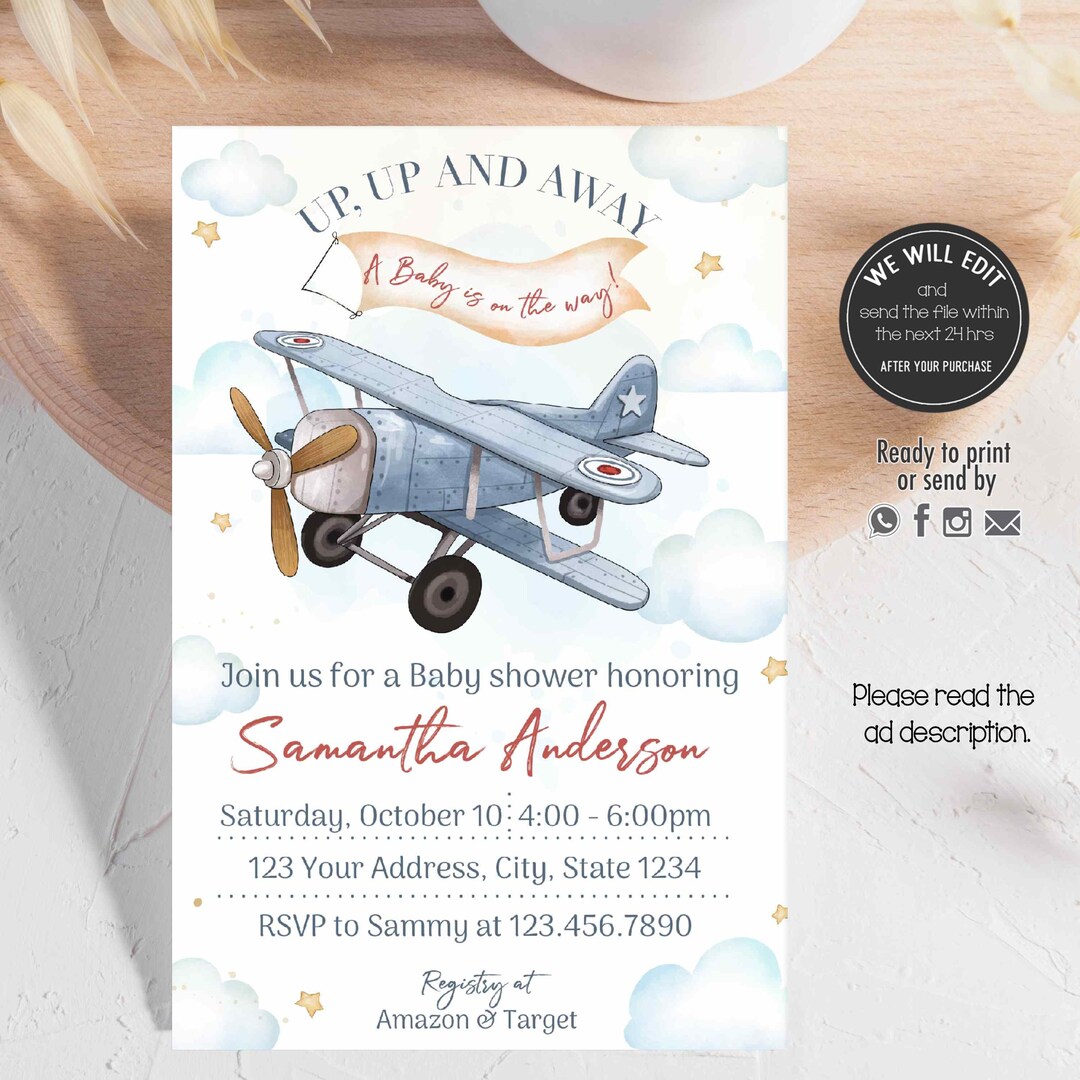 Airplane Baby Shower Invitation, Airplane Invitation, Airplane Party ...