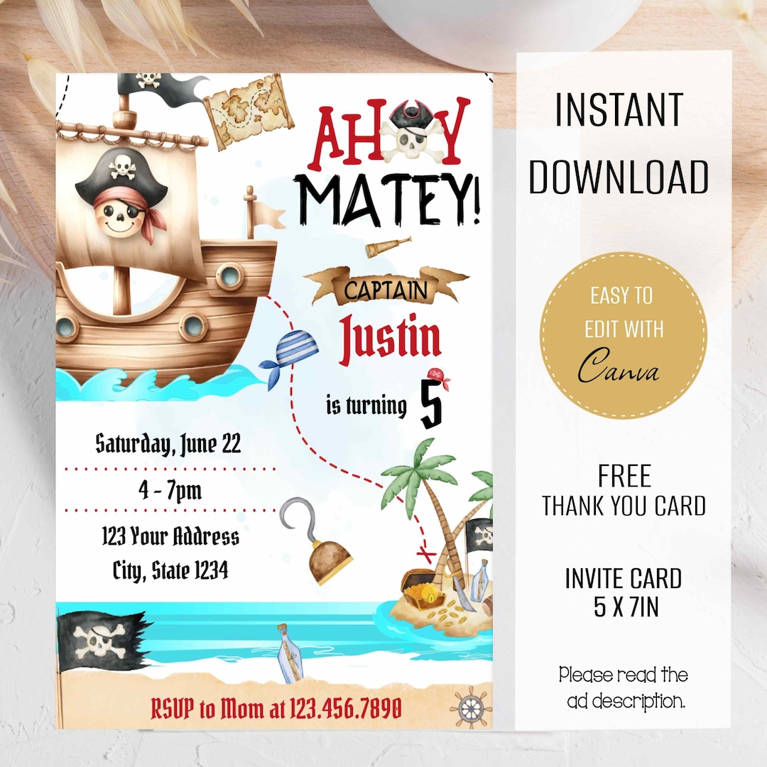 Pirate Invitation, Pirate Birthday Invite, Pirate Birthday Party, Ahoy ...