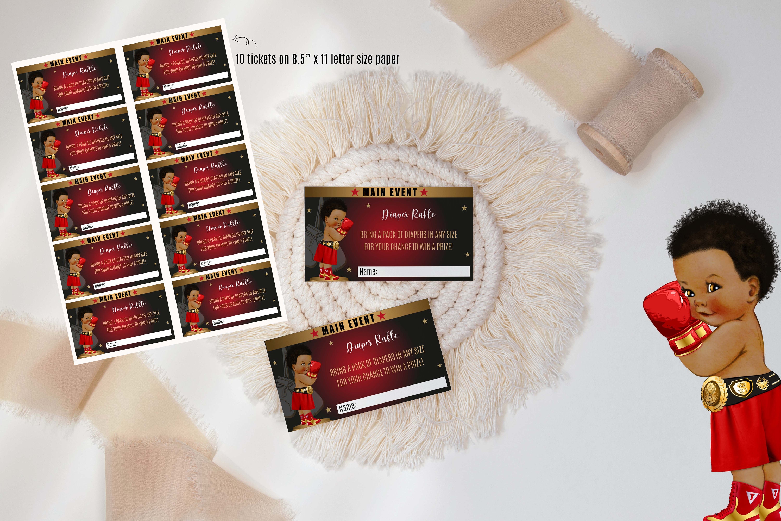 Boxing Diaper Raffle Tickets and Table Sign, Baby Boy African American ...