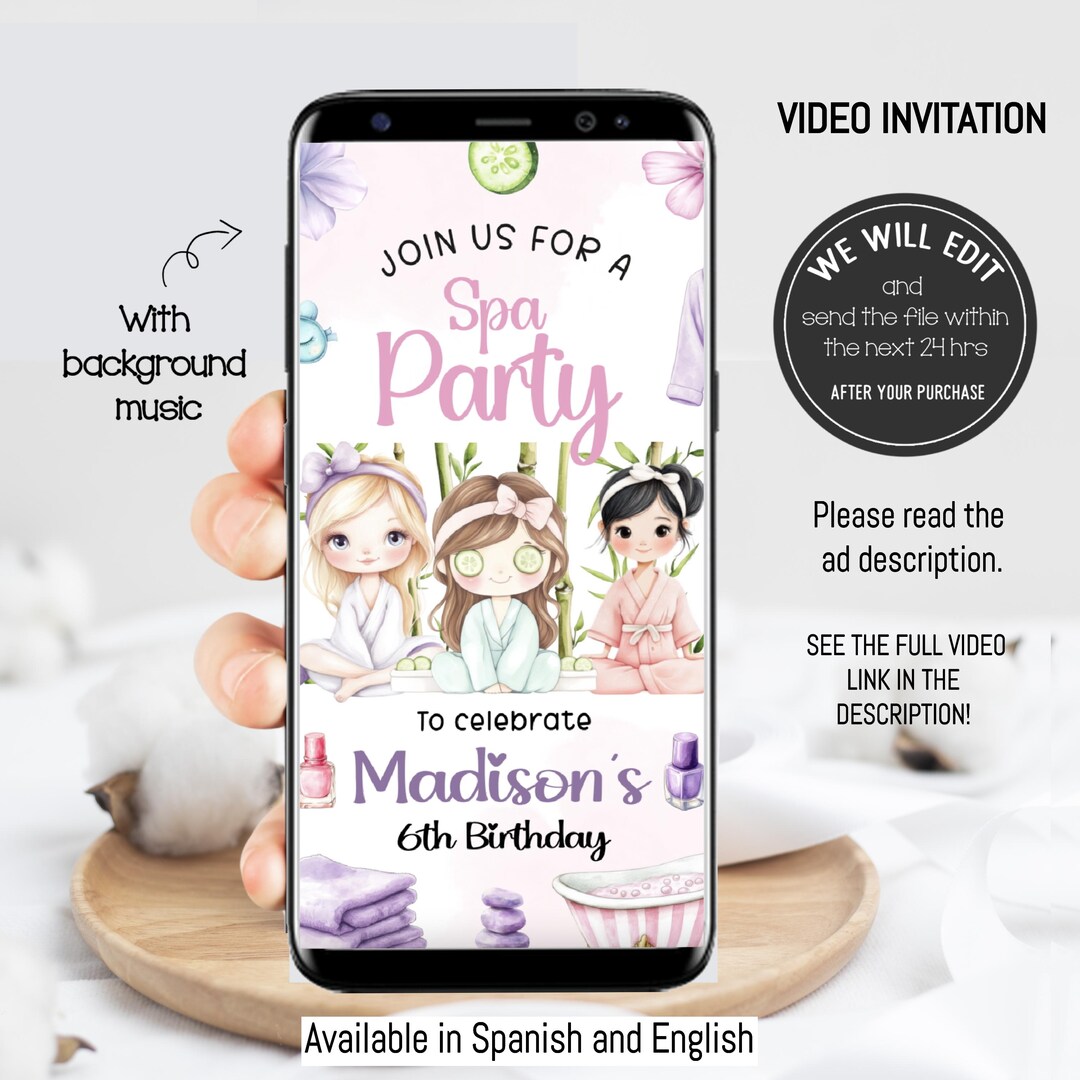 Spa Invitation, Video Invitation, Spa Birthday Party, Manicure Pedicure ...