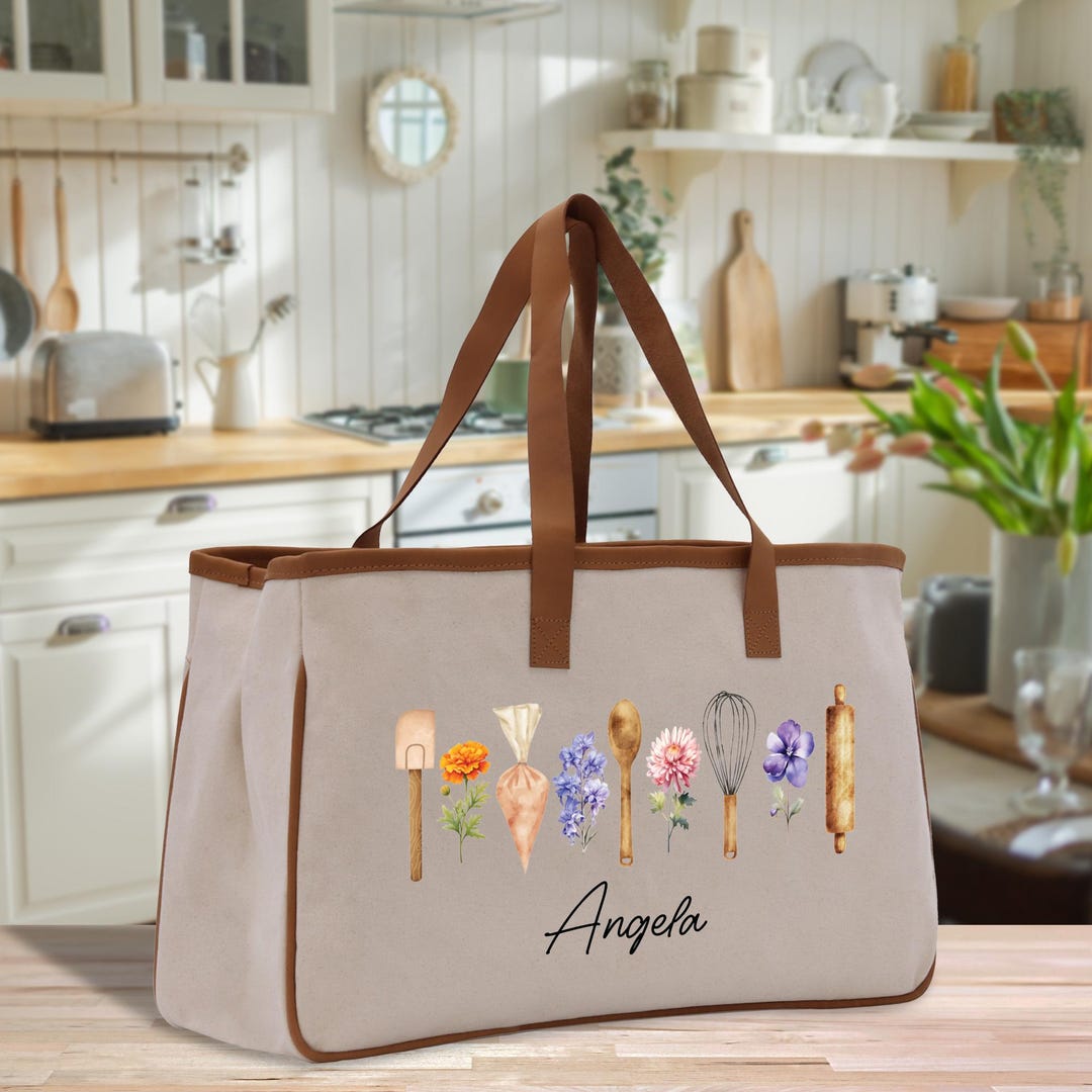Personalized Baking Tote Bag, Cotton Canvas With Leather Handles ...