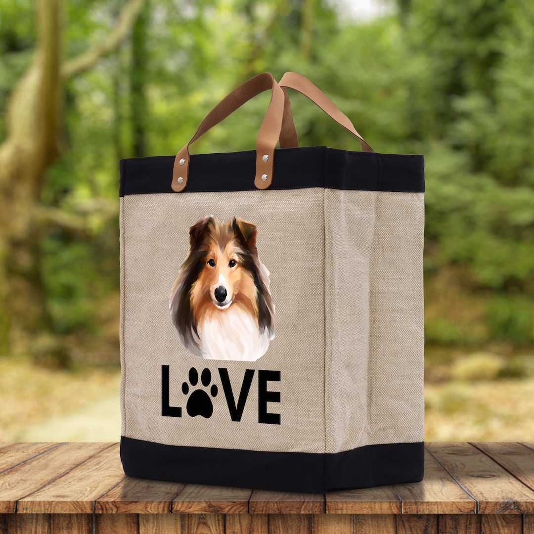 Sheltie Love Dog Jute Canvas Tote Funny Farmer Market Bag Quote Jute ...