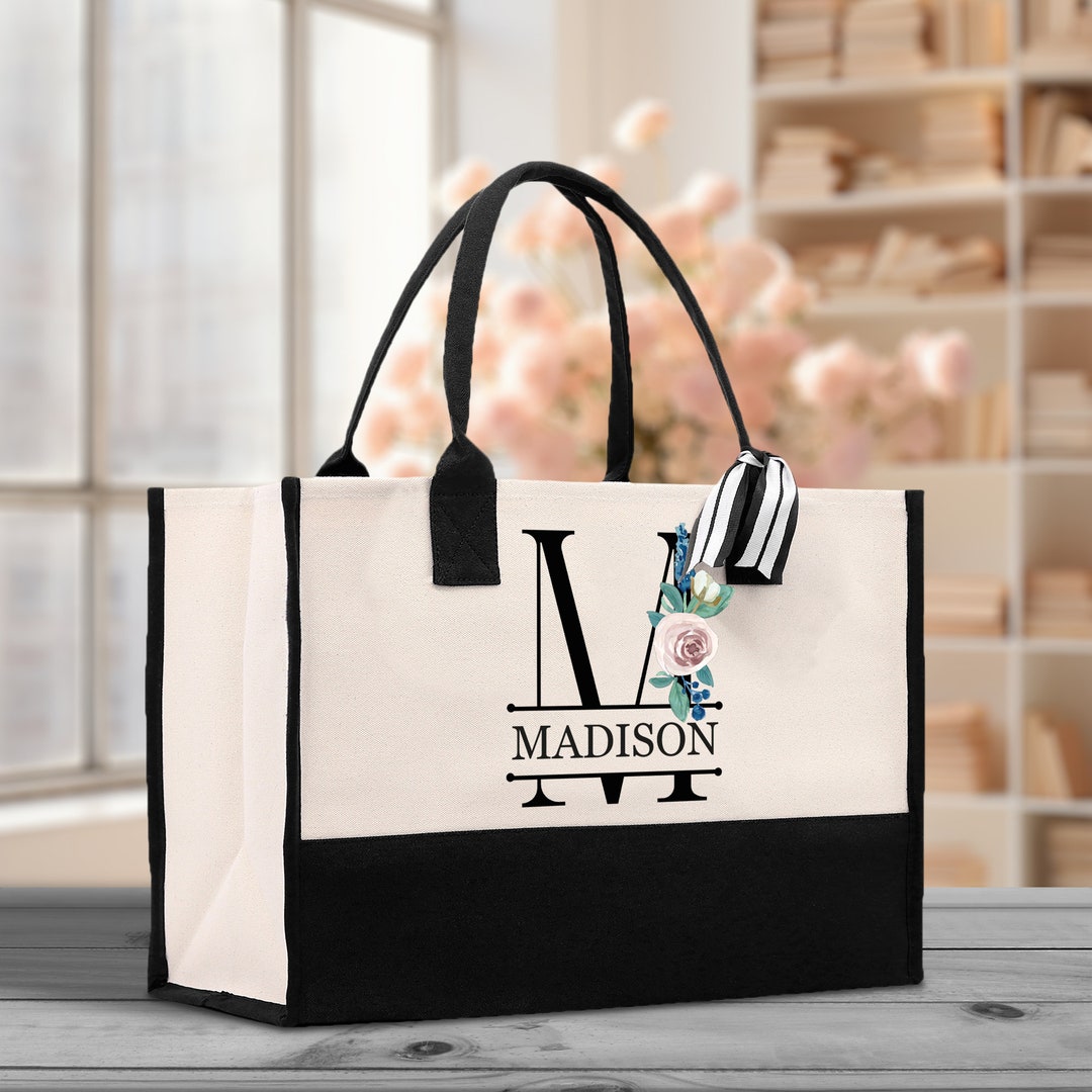 Floral Initial and Name Cotton Canvas Tote Bag Personalized Bridesmaid ...