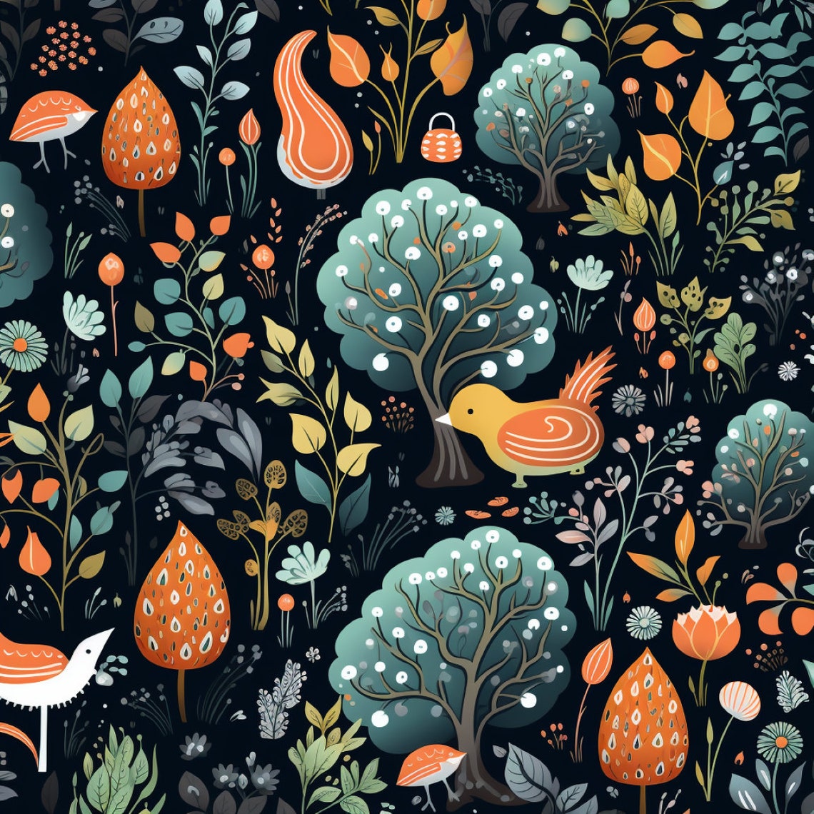 Digital Pattern Bundle Nature, Whimsical Forest Birds, Trees and ...