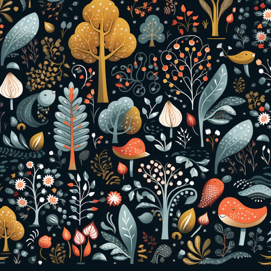 Digital Pattern Bundle Nature, Whimsical Forest Birds, Trees and ...