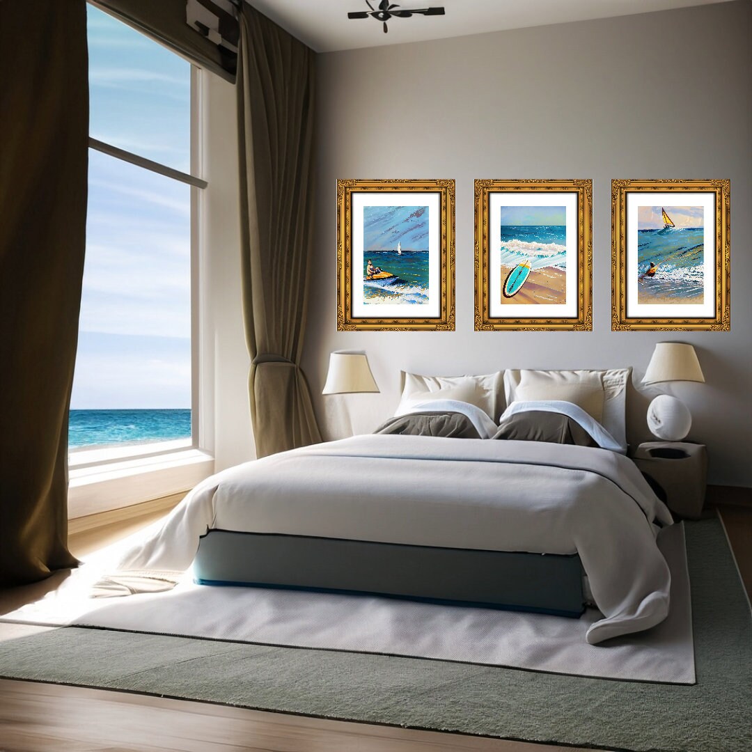 Three Abstract Beach Scenes Wall Art, Jet Ski, Windsailing, Surfboard ...