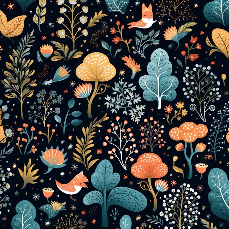 Digital Pattern Bundle Nature, Whimsical Forest Birds, Trees and ...