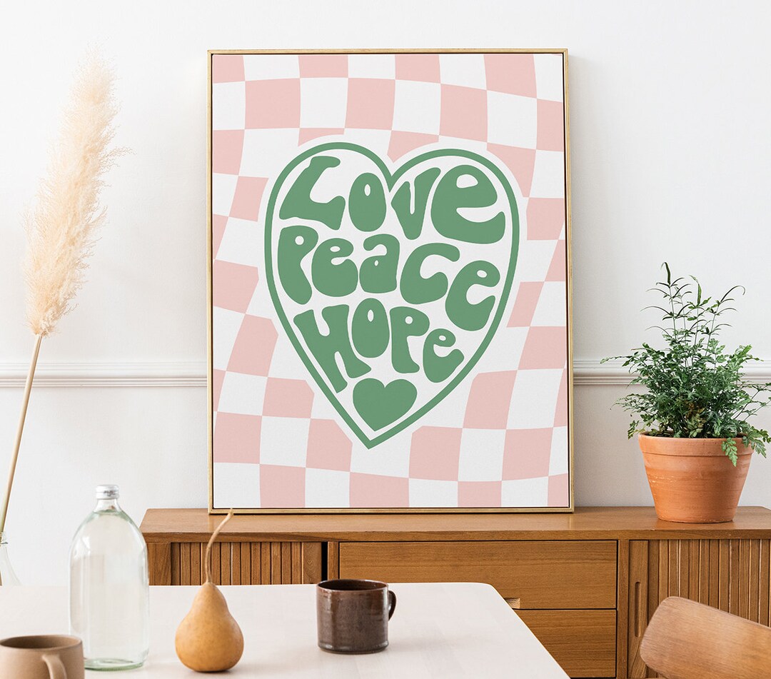 Love Peace Hope Wall Decor Art Print, Green Pink Checker Print Poster ...