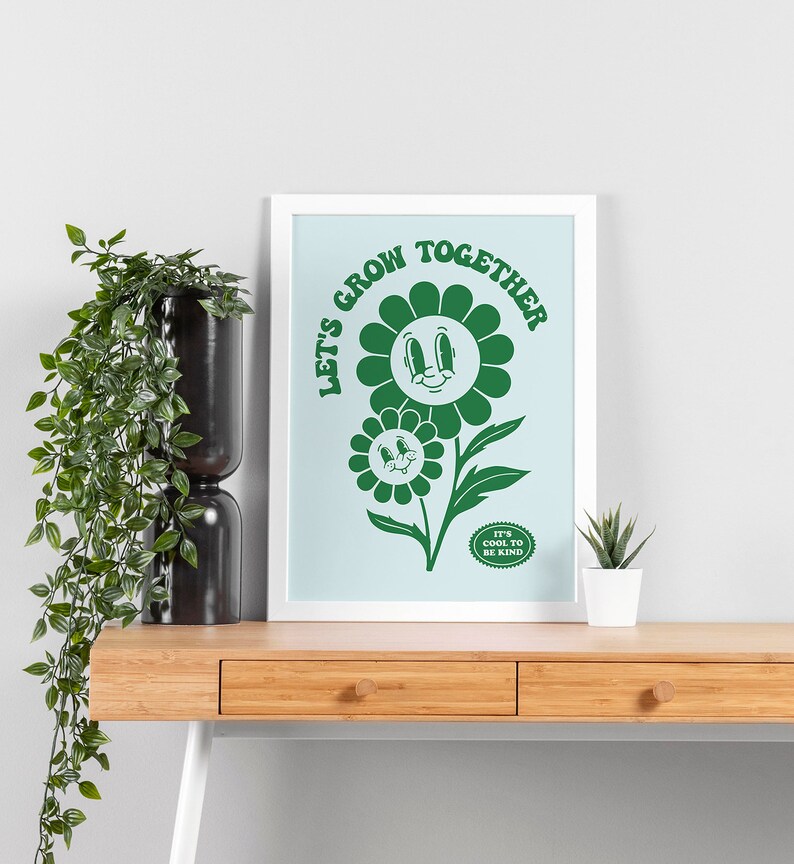 Retro Flower Poster Let's Grow Together Friendship Wall | Etsy
