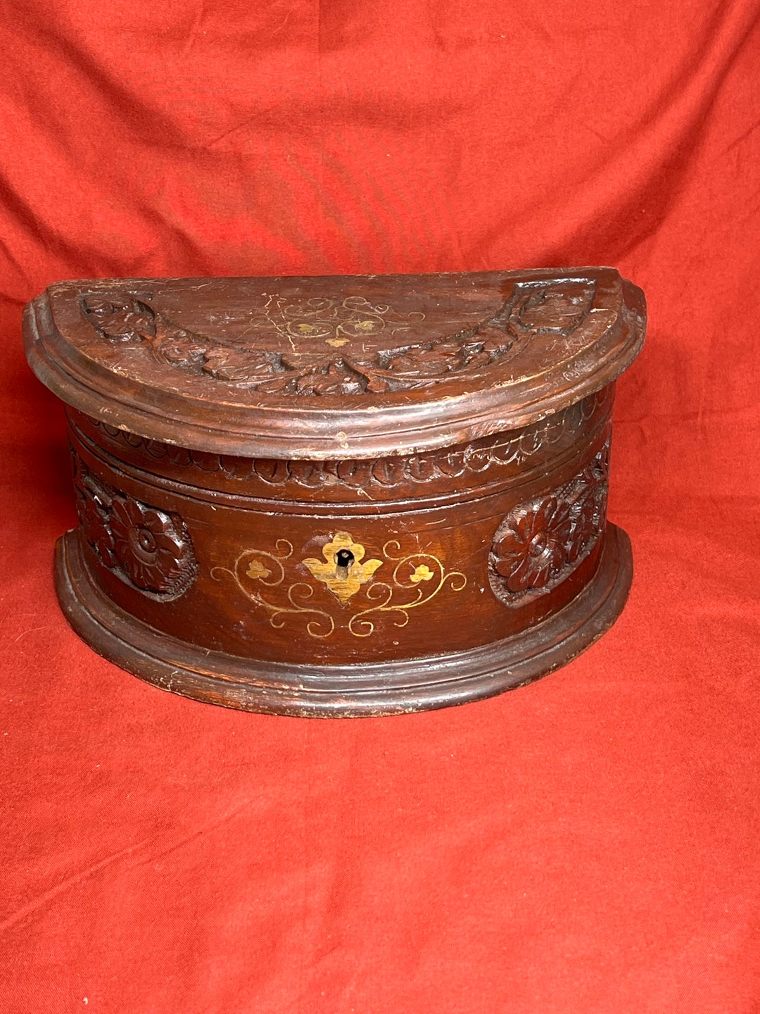 Antique Brown Floral Semicircle Shaped Jewelry Box With Mirror Size 9 ...