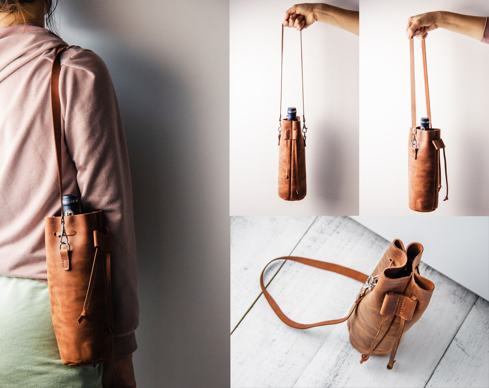 Leather Drink Bottle Holderleather Water Bottle Carrierwine - Etsy