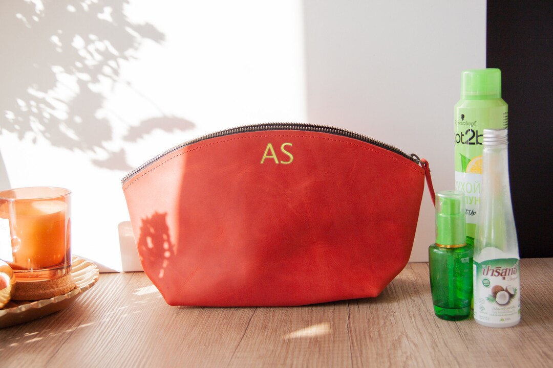 Red Makeup Bag With Initials, Leather Makeup Bag Personalized, Red ...