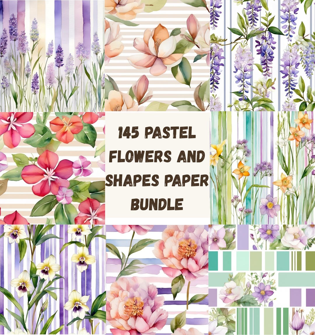 Pastel Floral Digital Paper Bundle: Watercolor Flowers, Stripes ...