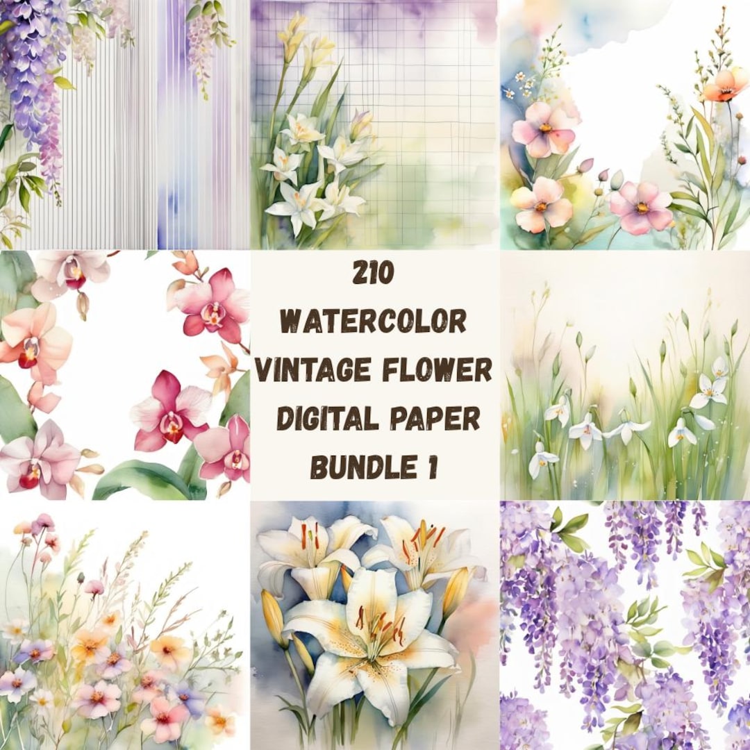 Watercolor Floral Digital Paper Bundle Part 3– Vintage Botanical ...