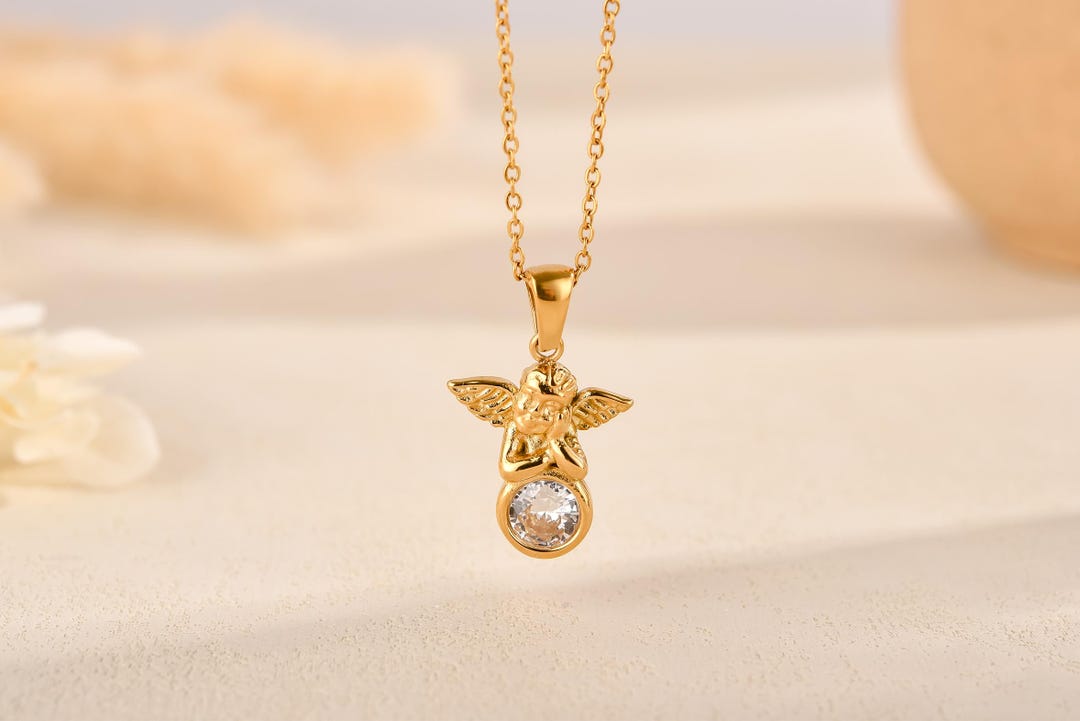 Gold Plated Tiny Baby Angel Diamond Necklace, Dainty Gold Baby Angel ...