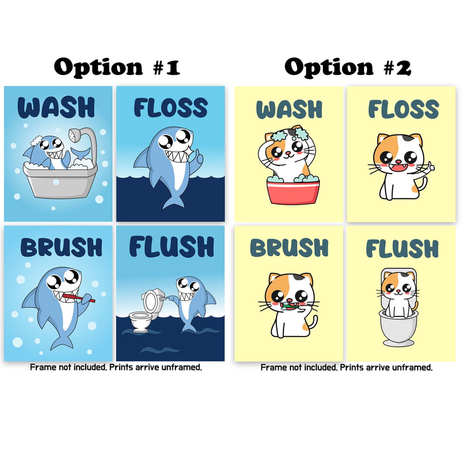 Kids Bathroom Signs Cute Shark or Cute Cats Prints set of 4 Unframed 8 ...