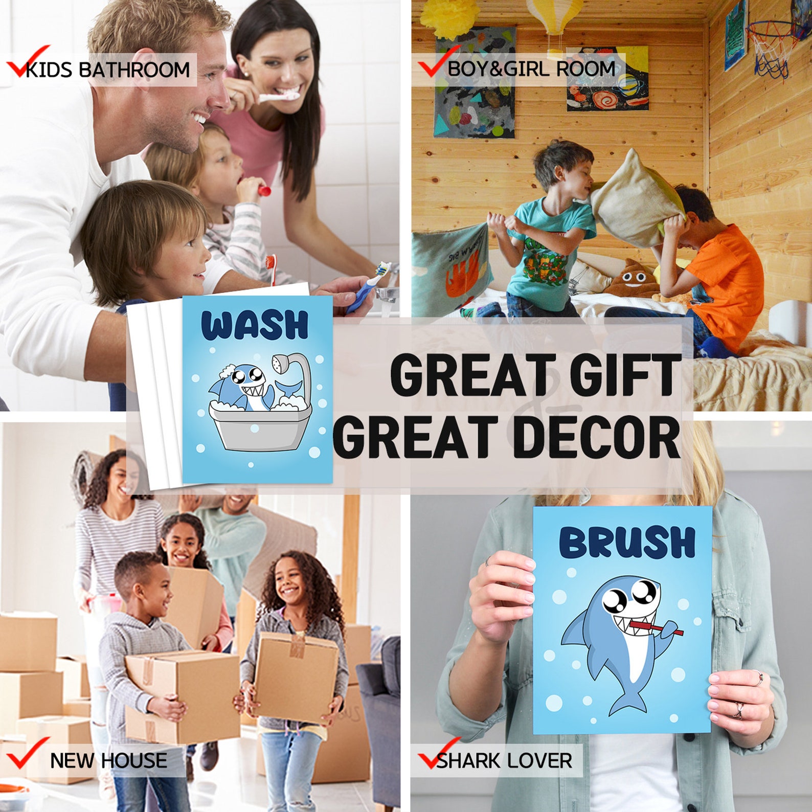 Kids Bathroom Signs Cute Shark or Cute Cats Prints set of 4 Unframed 8 ...