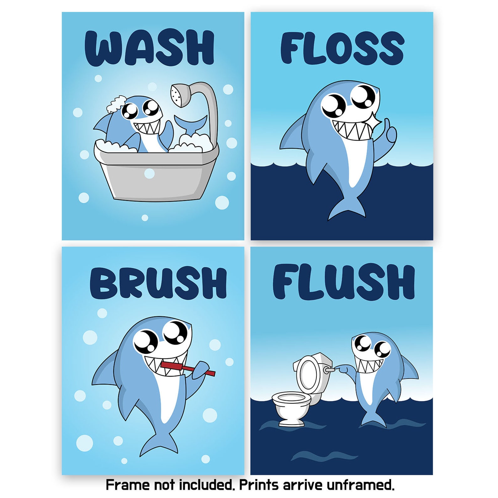 Kids Bathroom Signs Cute Shark or Cute Cats Prints set of 4 Unframed 8 ...