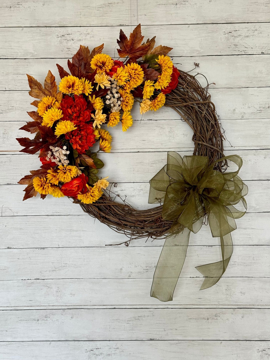 Yellow Mum Fall Wreath, Grapevine With Leaves & Green Bow - Etsy