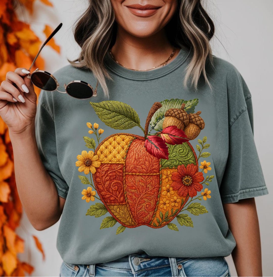 Apple Picking T-shirt PNG: Patchwork Floral Faux Embroidery Design ...