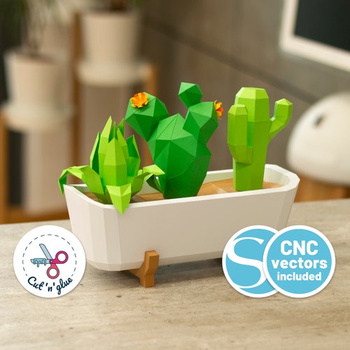 Flower Box With Cactus and Plant DIY PDF Papercraft Origami | Etsy