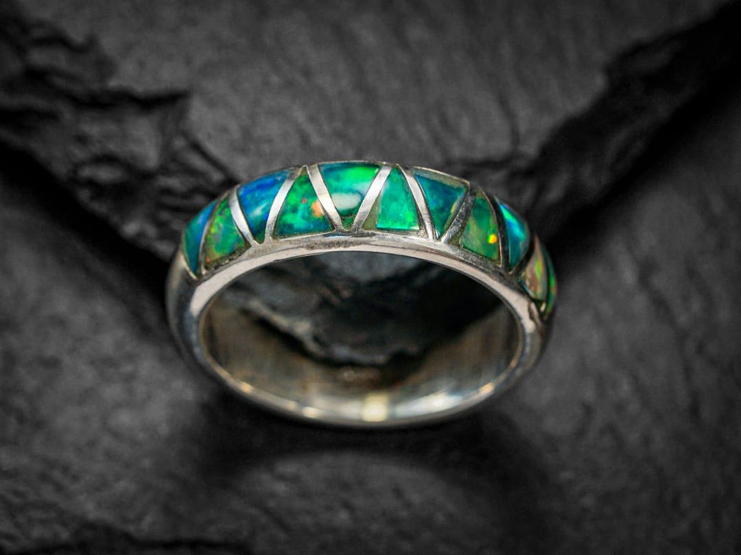 Green Opal Wadding &engagement Inlay Ring, Ethnic Style Sterling Silver ...