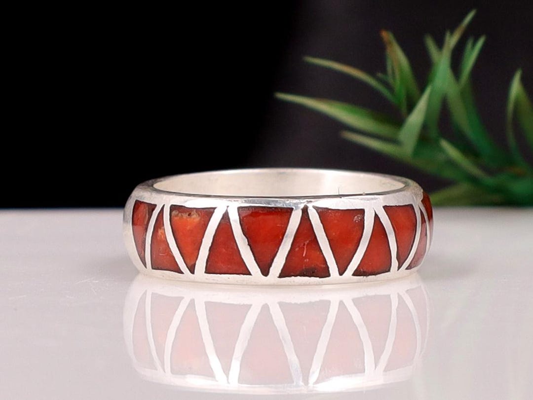 Coral Inlay Sterling Silver Ring, Minimalist Ethnic Handmade Jewelry - Etsy