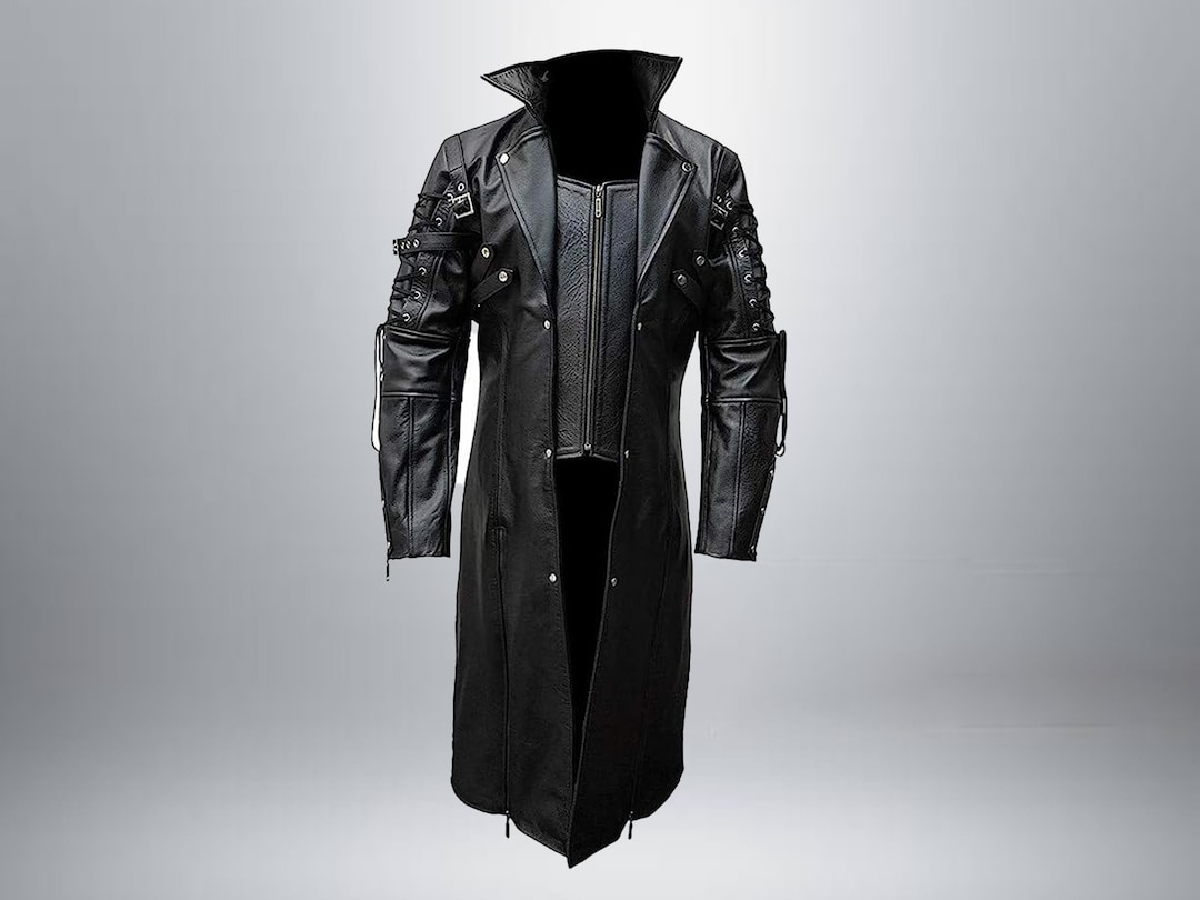 Mens Real Black Leather Coat Goth Matrix Trench Coat Gothic Coats Hand ...