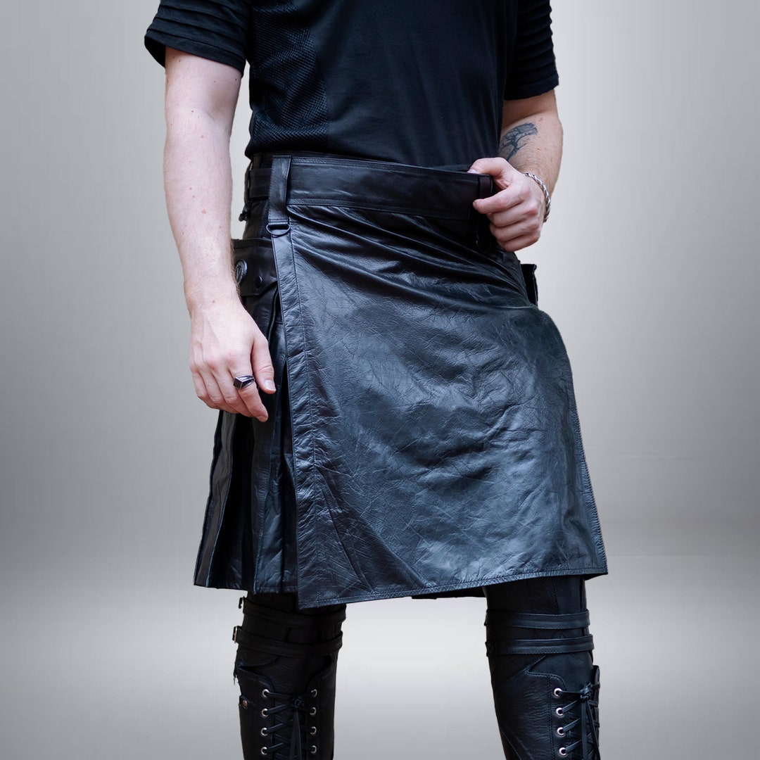 Leather Hybrid Kilt Hand Made Mens Genuine Black Cow Leather Kilt ...