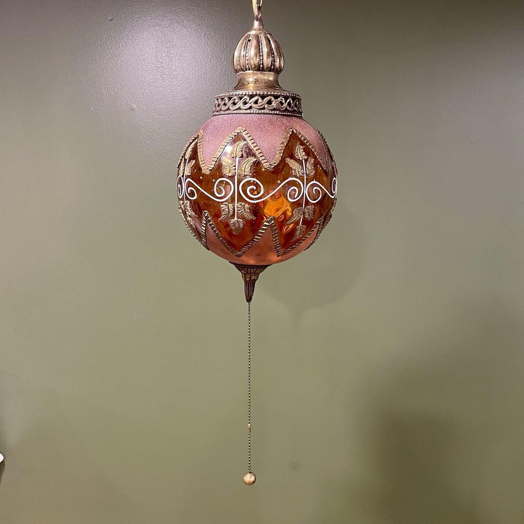 Vintage Boho Amber Glass Swag Lamp With Ornate Brass Filigree Mid ...