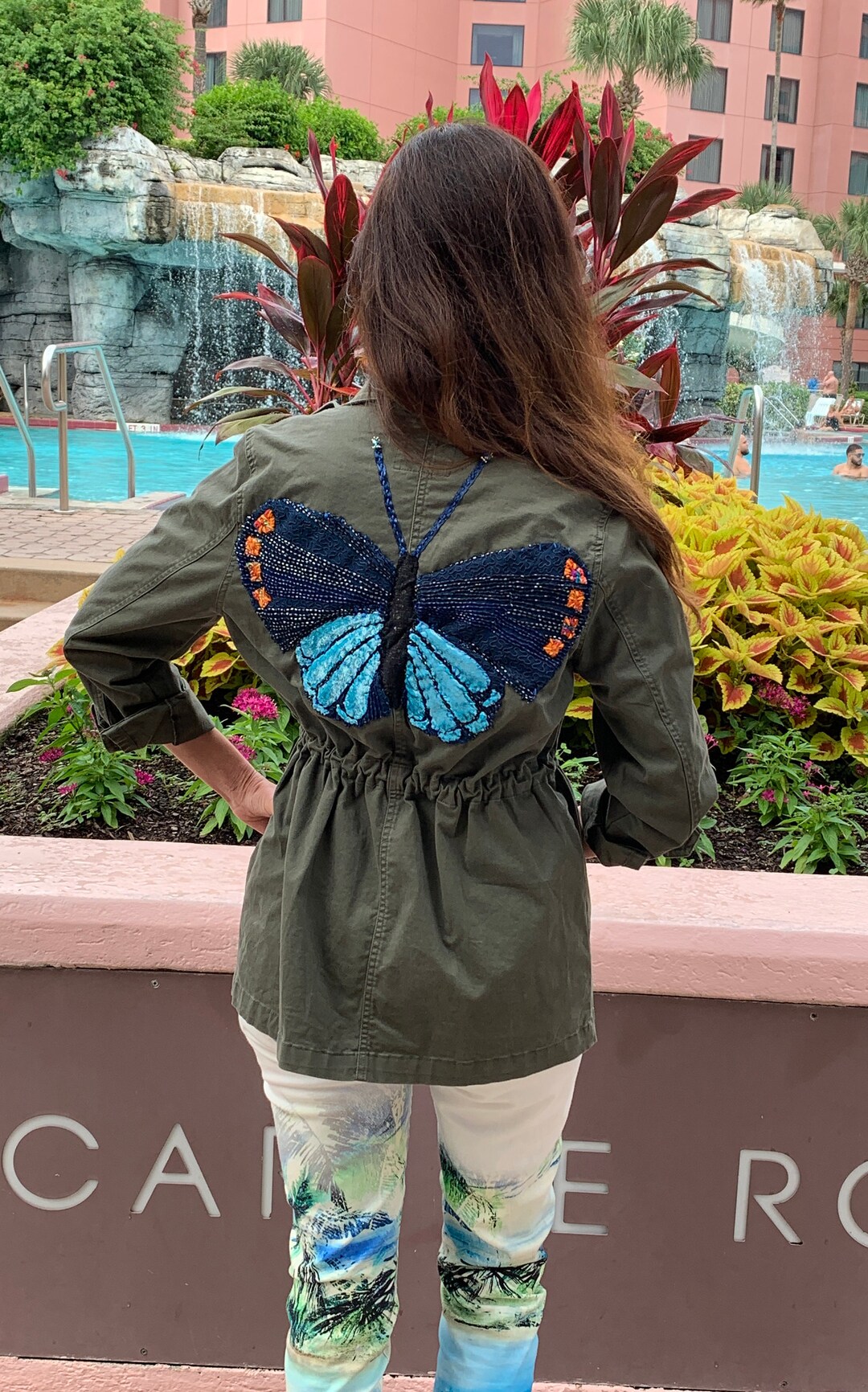 Art on Army Green Jacket. Blue Butterfly Art Created With Recycled ...