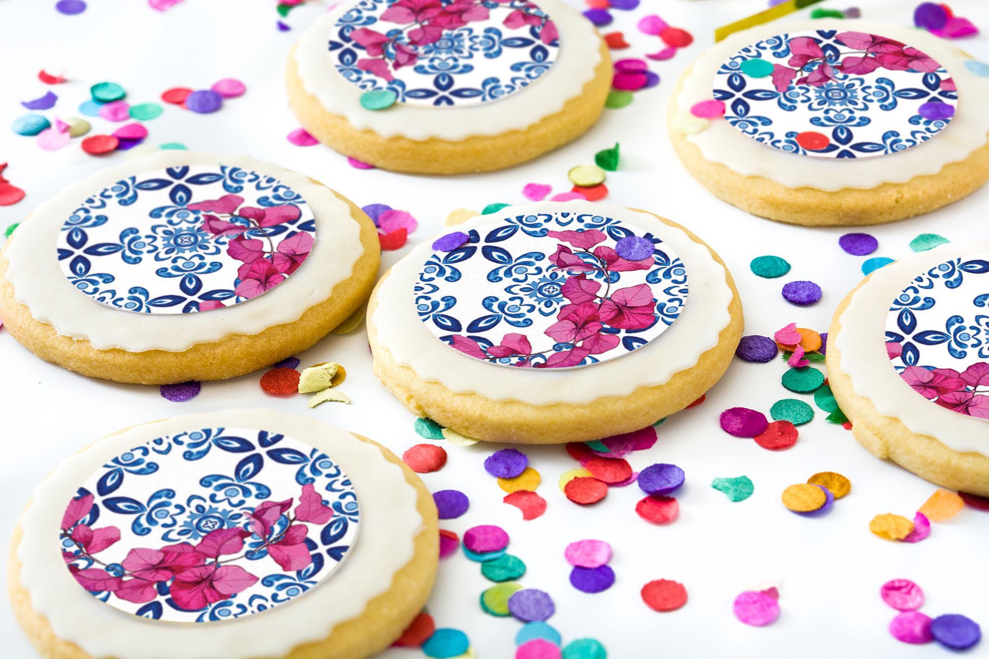 Mediterranean Tile Blue Cookie Toppers Elegant Blue Tile Cupcake Floral ...