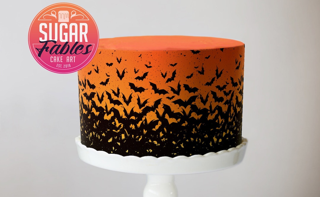 Halloween Bats Cake Wrap Orange or Purple Sunset Edible Icing Gradient ...