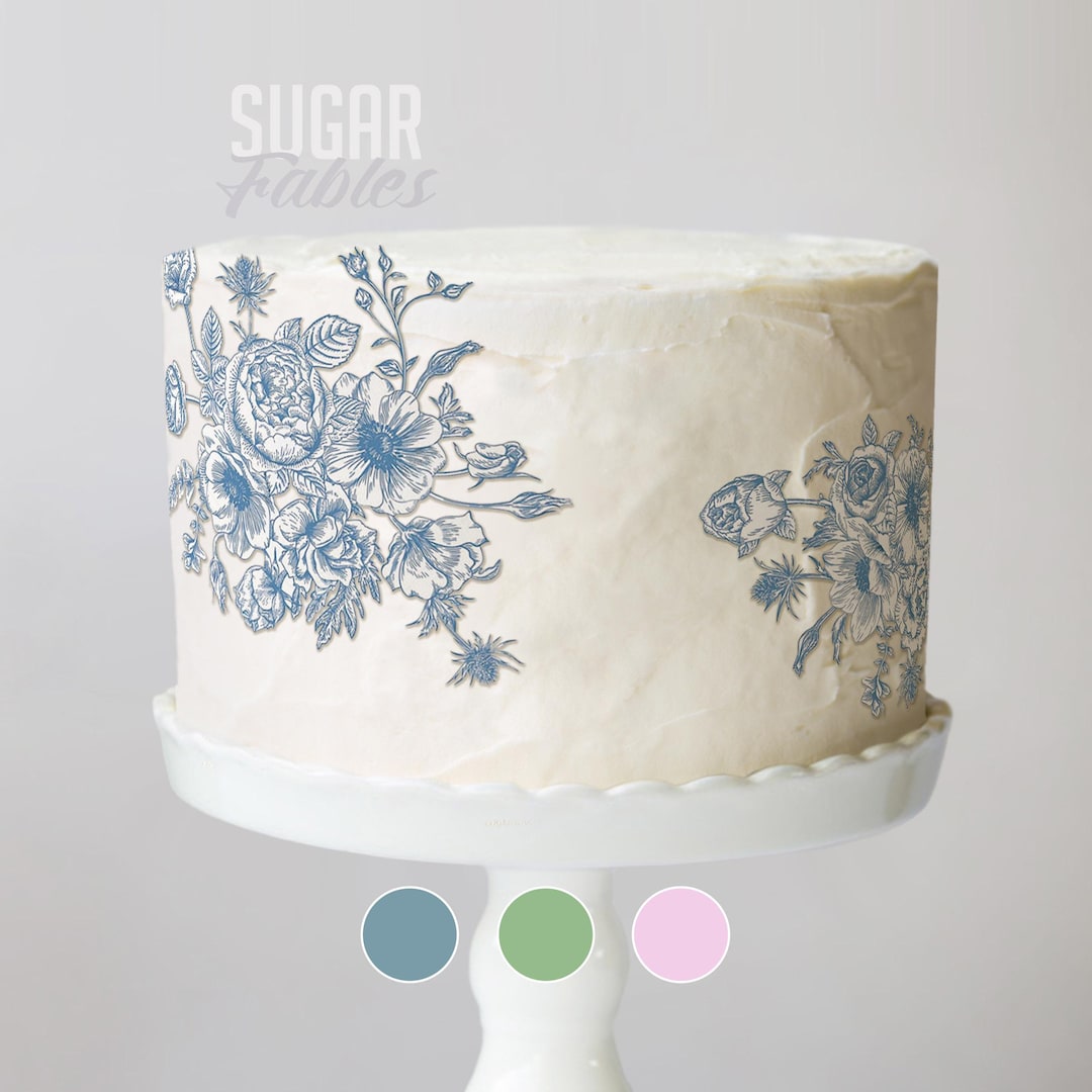 Floral Cake Stickers, Toile De Jouy Edible Images, Blue Pink or Green ...