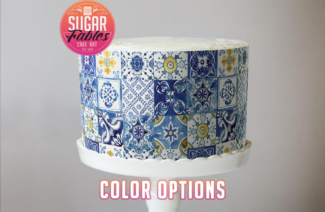 Blue Italian Tiles Cake Wrap Mediterranean Edible Images Decorative ...