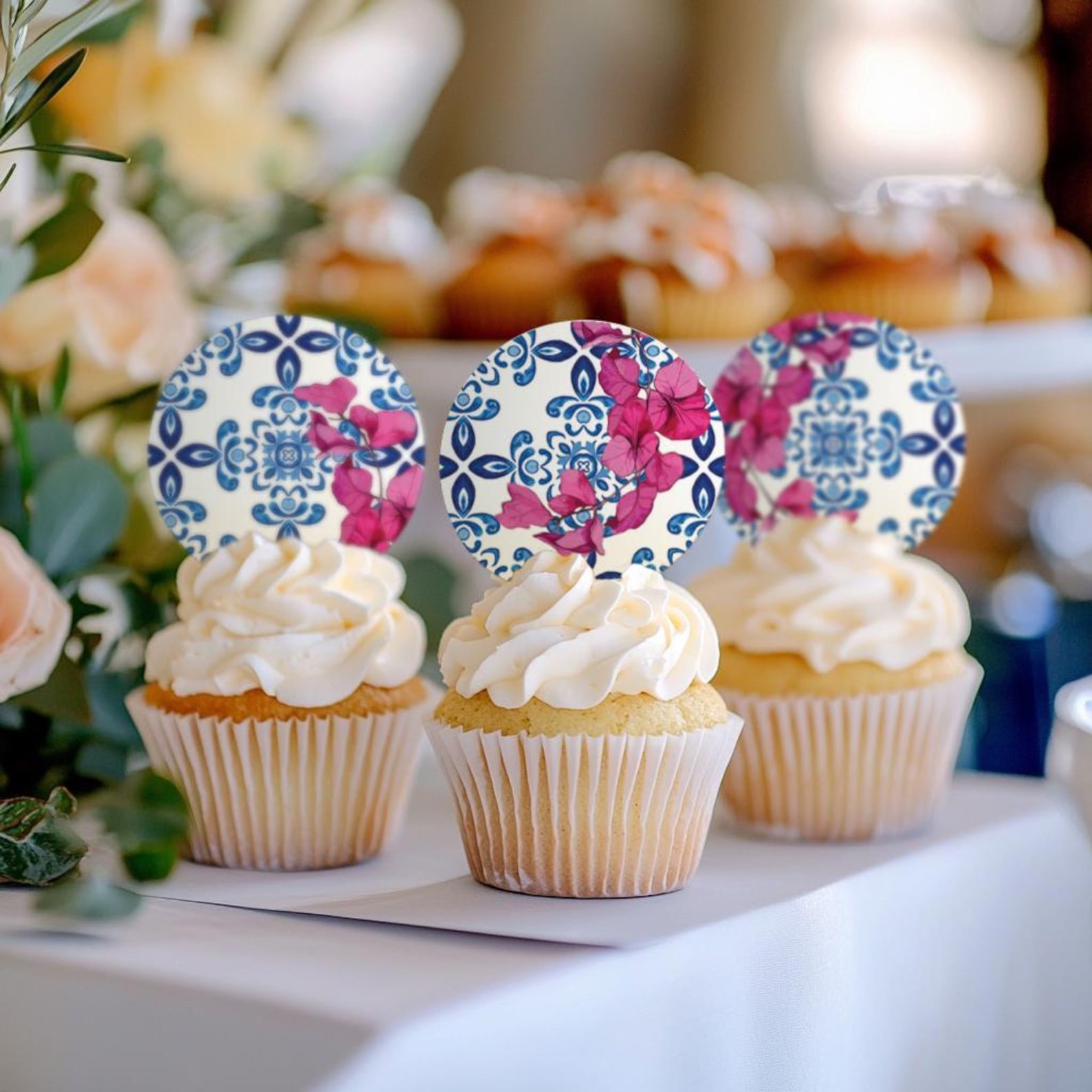 Mediterranean Tile Blue Cookie Toppers Elegant Blue Tile Cupcake Floral ...
