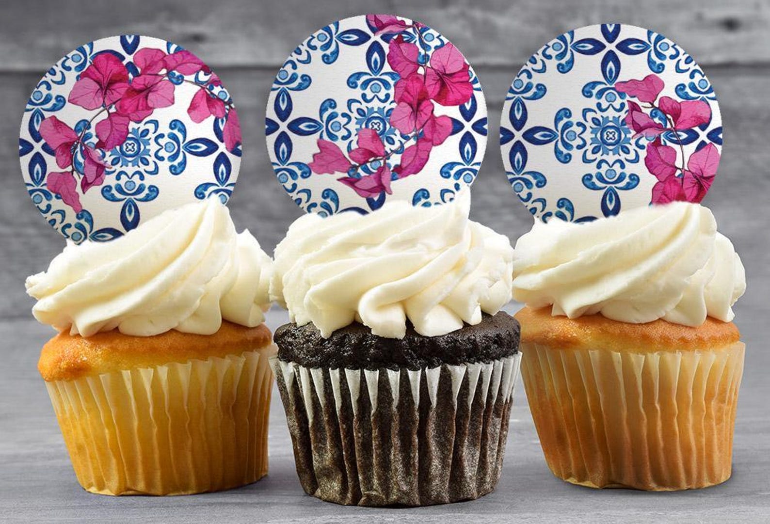 Mediterranean Tile Blue Cookie Toppers Elegant Blue Tile Cupcake Floral ...