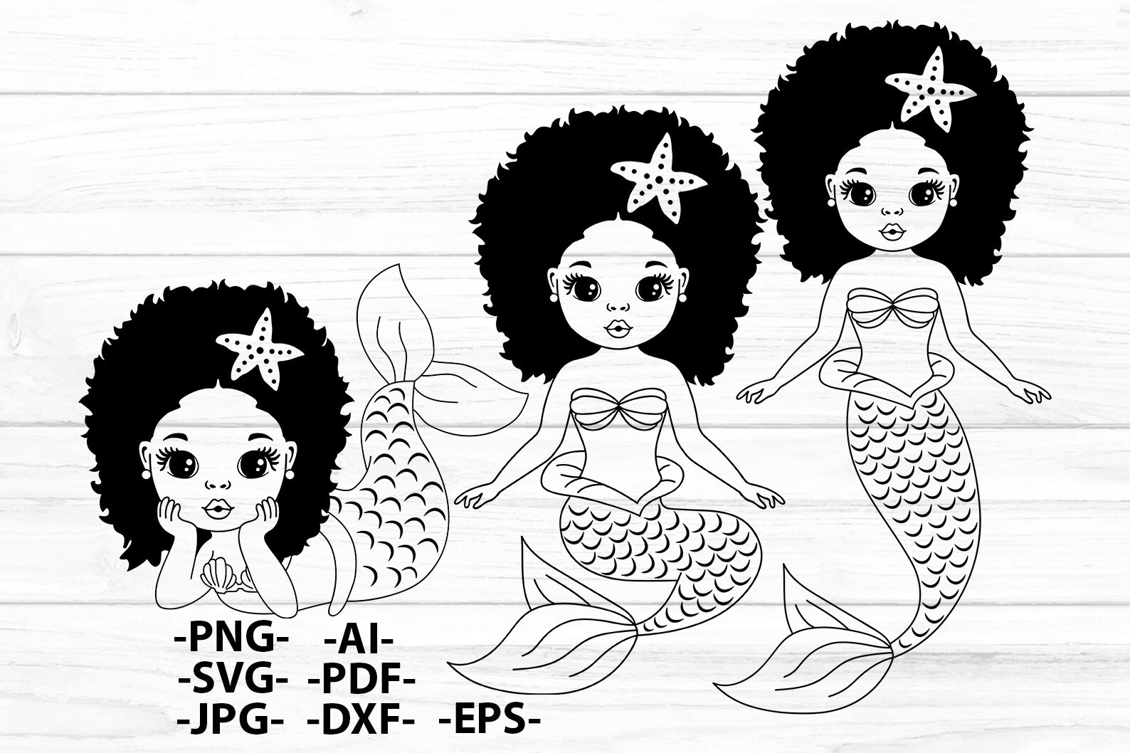 Afro Mermaid SVG Bundle: Black Woman Clipart, Outline Art (digital ...